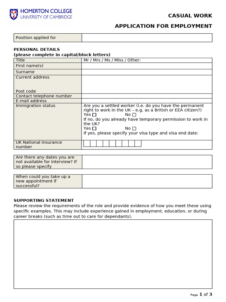 Casual Work Employment Application Form | PDF | Travel Visa