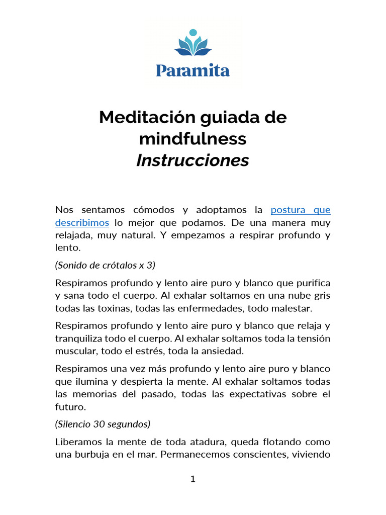 Meditacion Guiada Mindfulness - Instrucciones | PDF