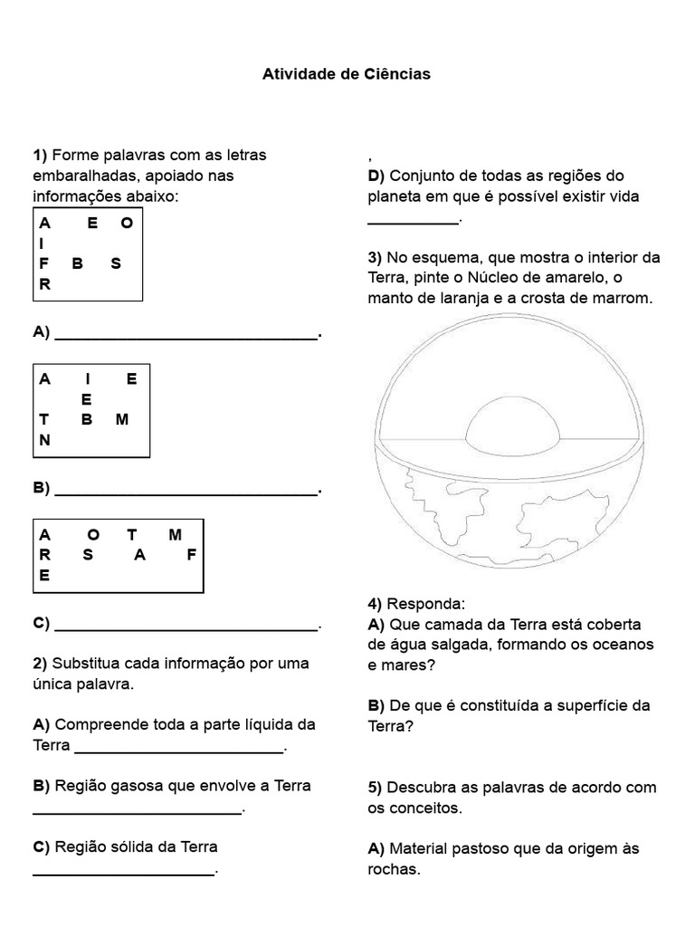 Atividades sobre Camadas da Terra | PDF | Terra | Crosta (Geologia)