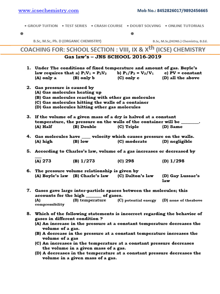 ICSE Chemistry Gas Laws Practice Questions | PDF | Gases | Temperature