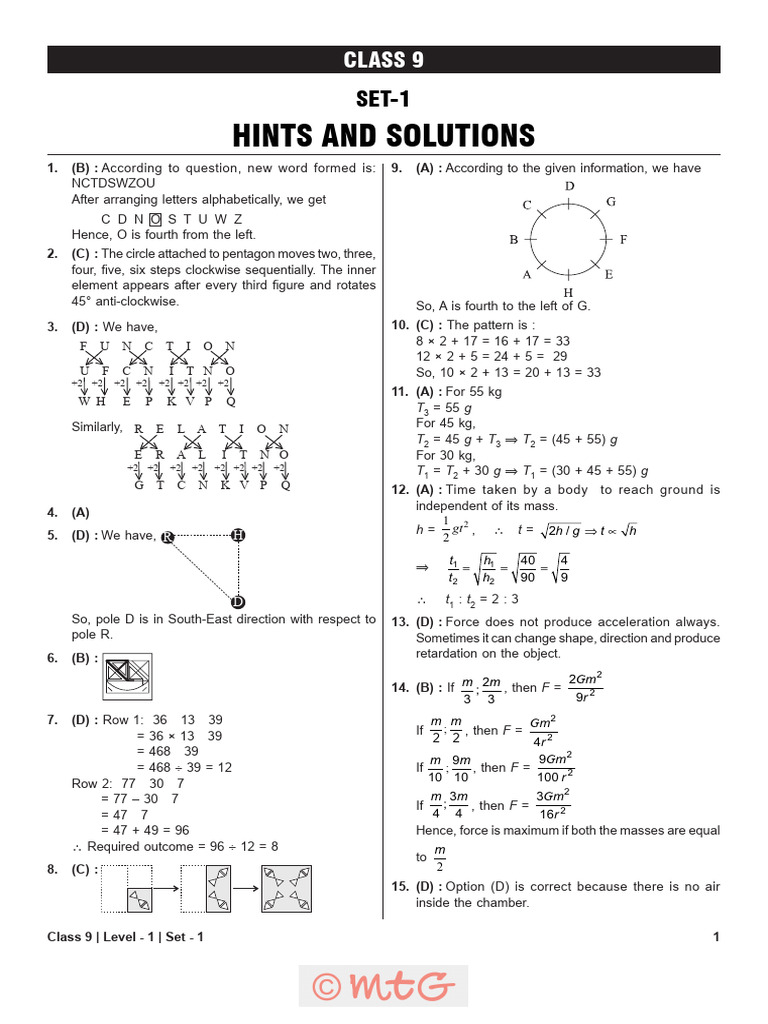 Nso Level1 Solution Class 9 Set 1 | PDF | Force | Friction