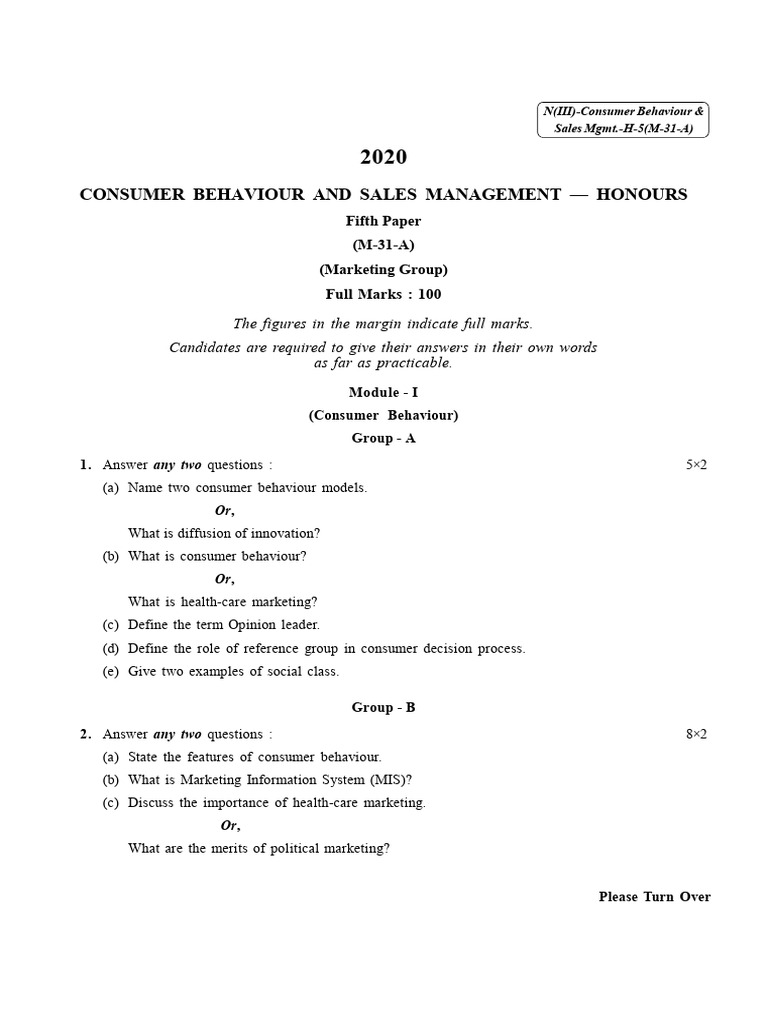 CU-2020 B. Com. Honours Consumer Behaviour and Sales Management Part ...