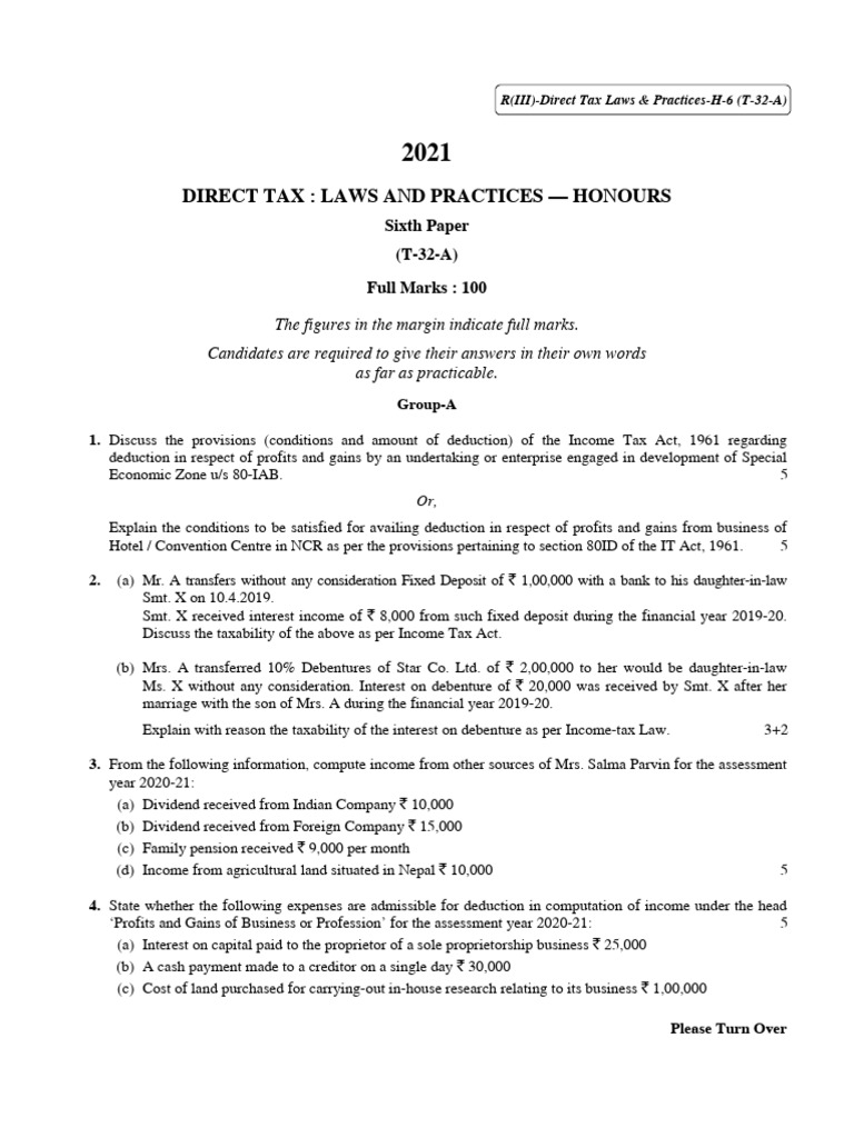CU-2021 B. Com. (Honours) Direct Tax Part-III Paper-T32A QP | PDF ...