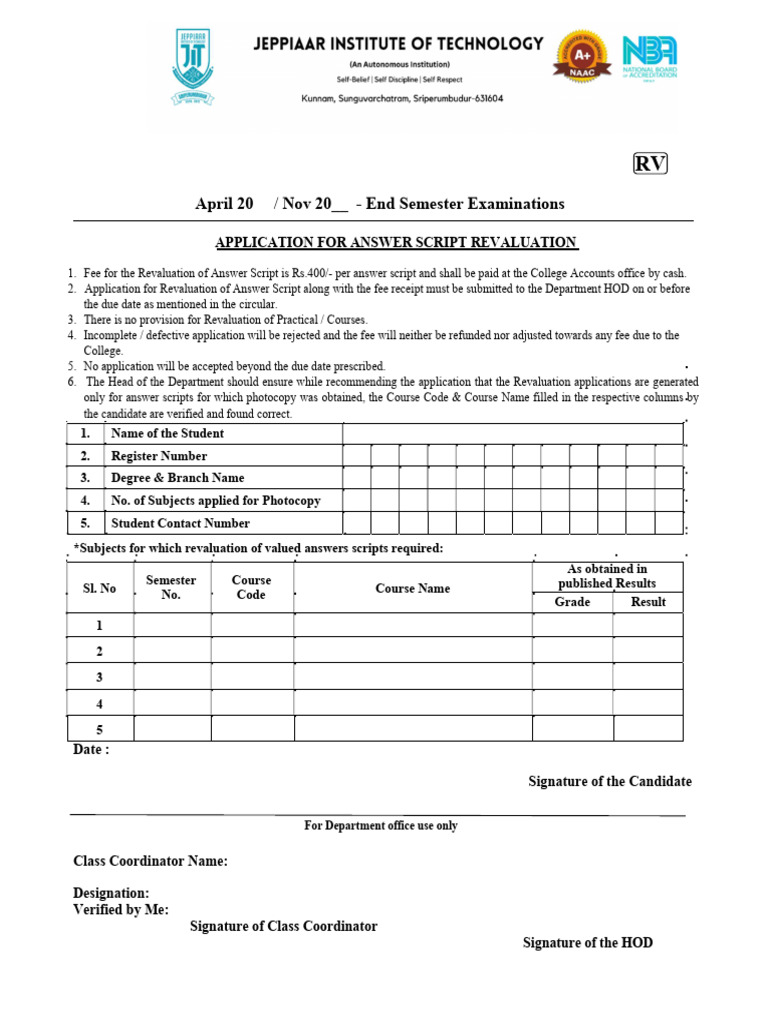 Answer Script Revaluation Form | PDF