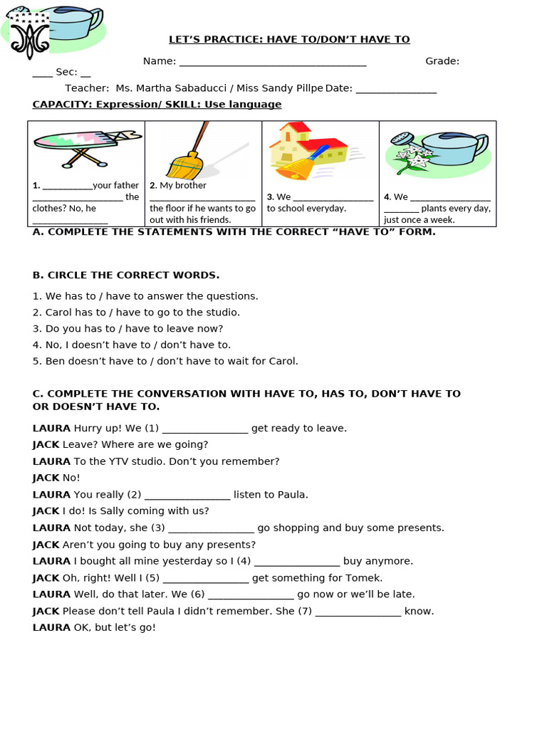 Have To Doesnt Have To Worksheet | PDF