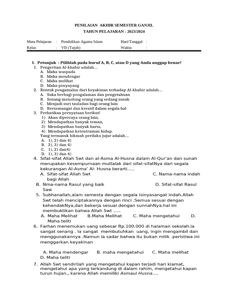 SOAL ULANGAN PAI PAS KLS 7 SMTR 1 | PDF