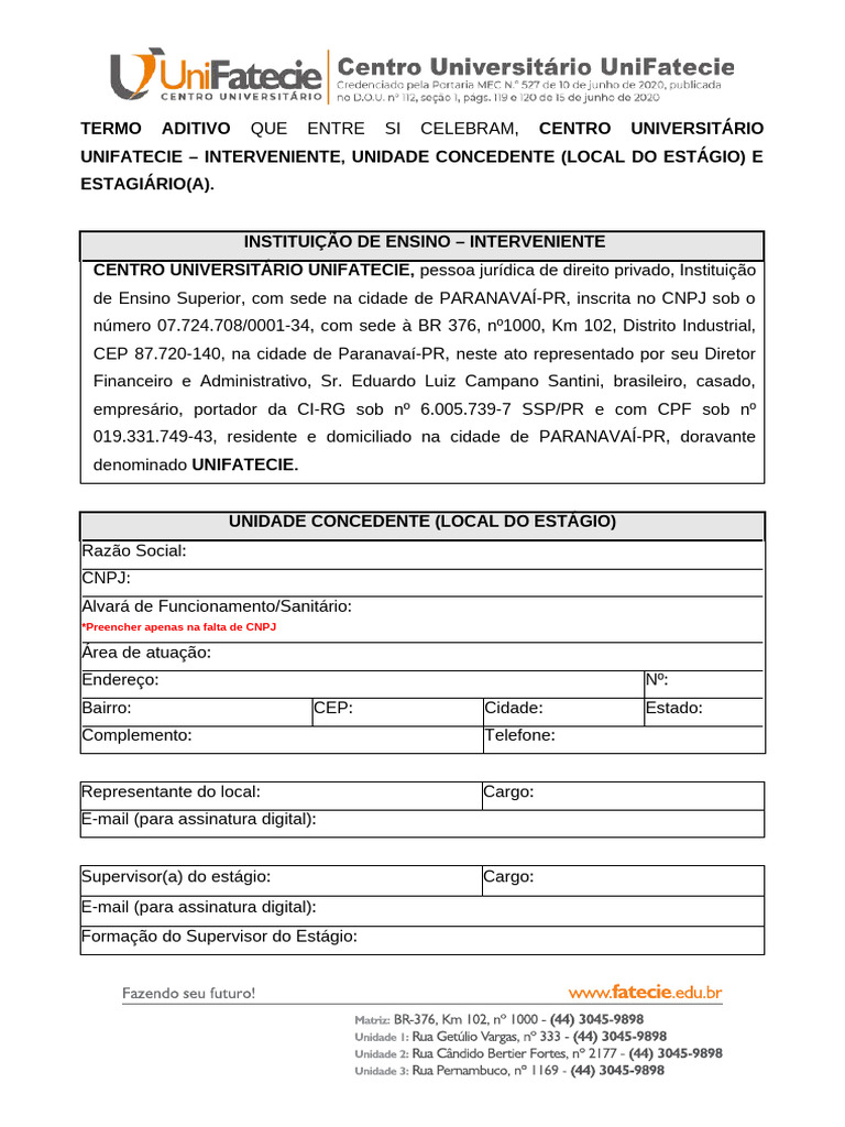 Modelo - Termo Aditivo de Estágio Obrigatório | PDF