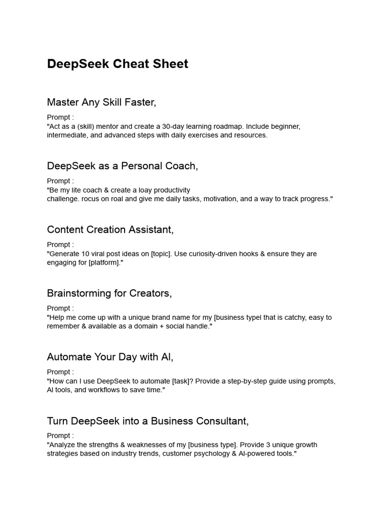 DeepSeek Prompt Cheat Sheet | PDF
