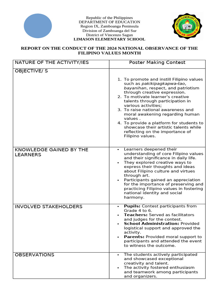 LIMASON ES-Filipino-Values-Month-Report | PDF | Behavior Modification ...