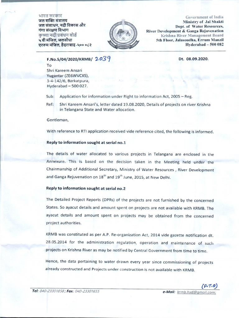 RTI Information by KRMB On Projects of Telangana and Their Allocation | PDF