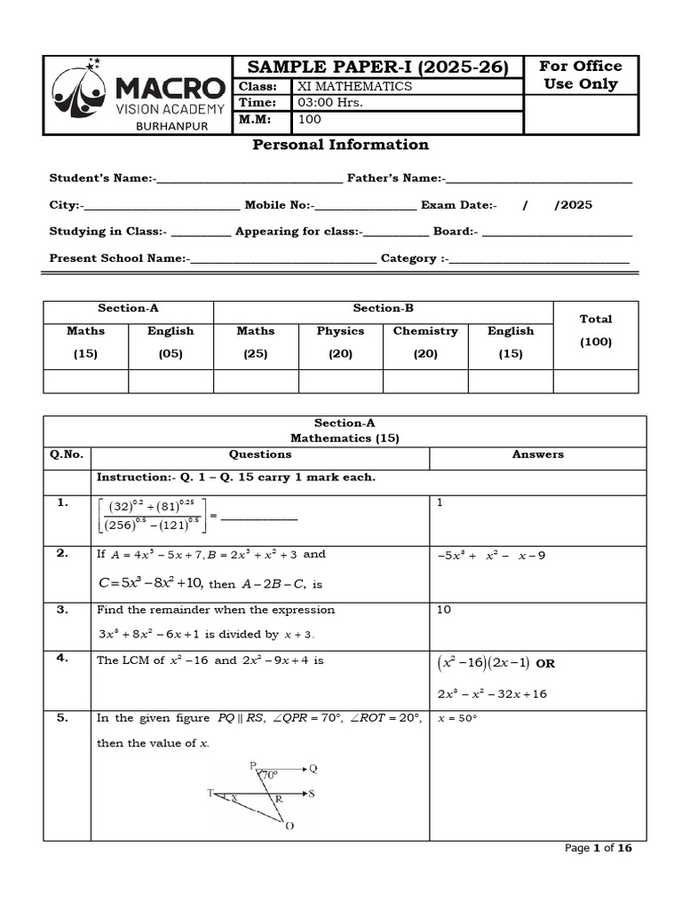 Class XI Mathematics Sample Paper 2025-26 | PDF