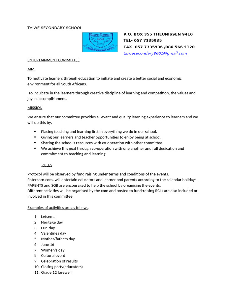Tawe Secondary School Entertainment Committee | PDF