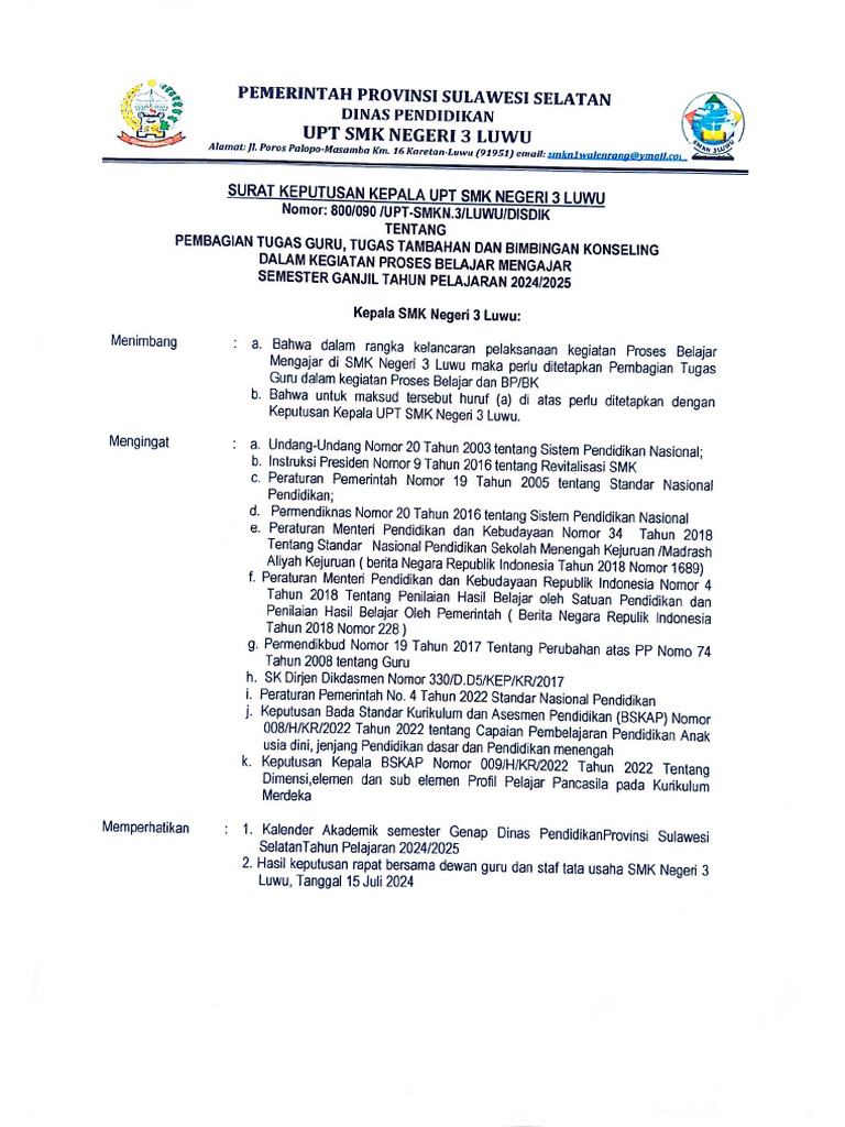 SK Pembagian Tugas Ganjil 2024_2025 | PDF