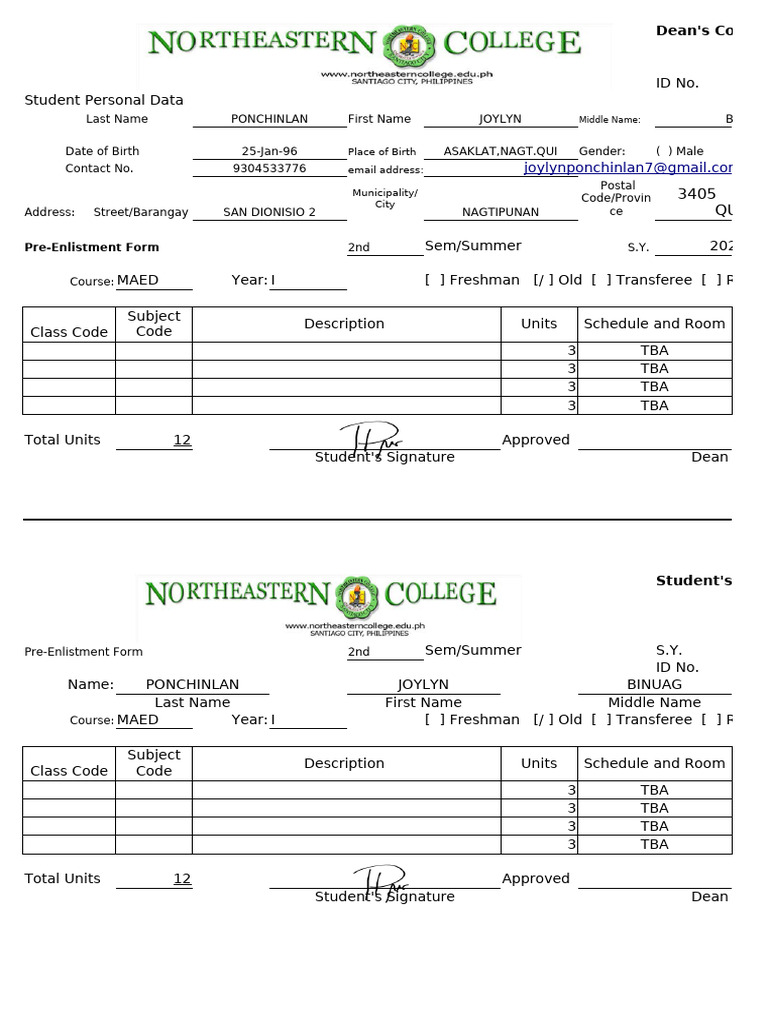 Pre-Enlistment Form for MAED Course | PDF