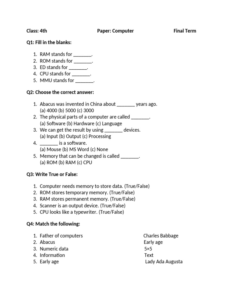 4th Grade Computer Final Exam Questions | PDF