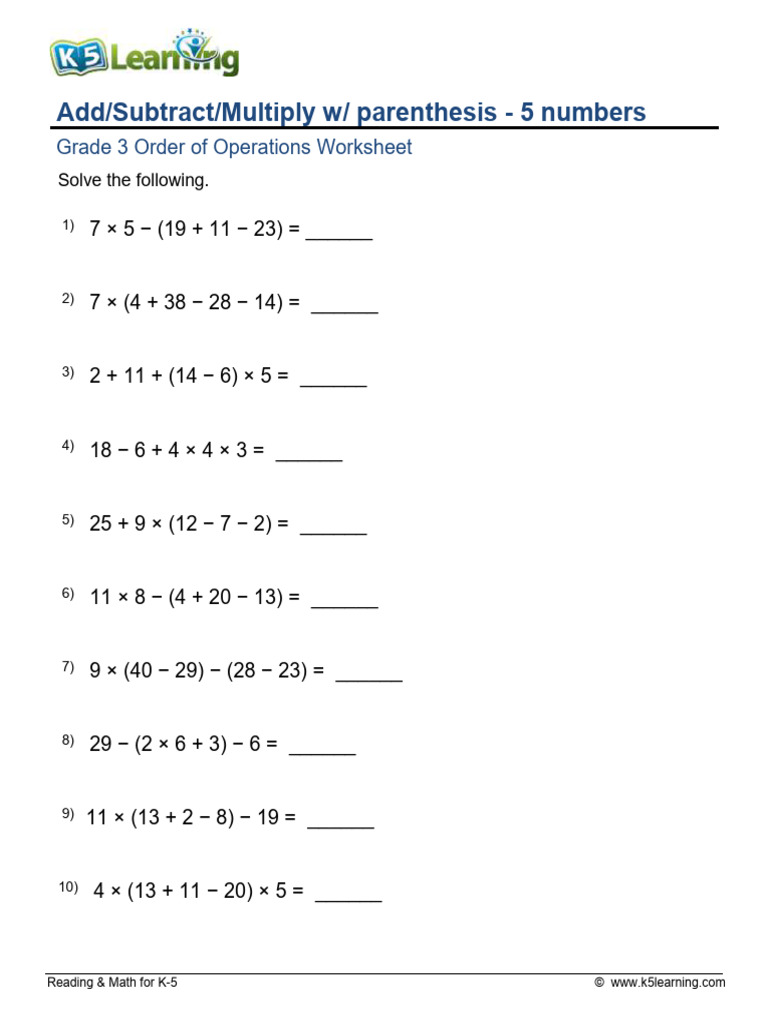 Add/Subtract/Multiply W/ Parenthesis - 5 Numbers: Grade 3 Order of Operations Worksheet | PDF