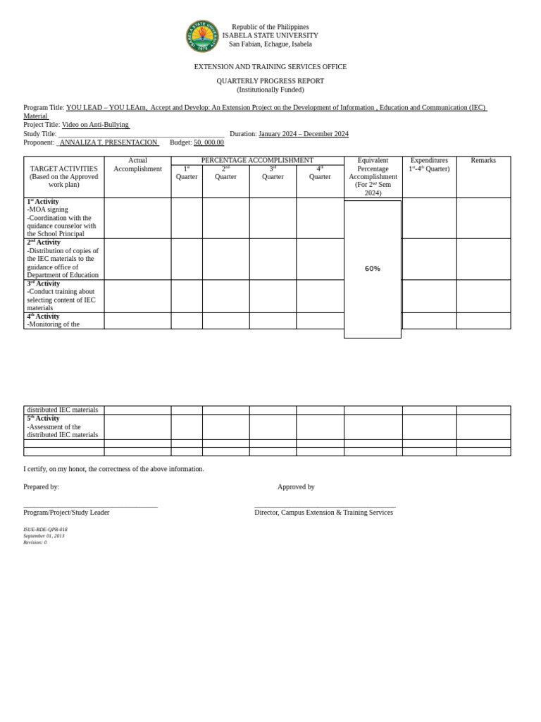 Quarterly Progress Report RDET Template | PDF