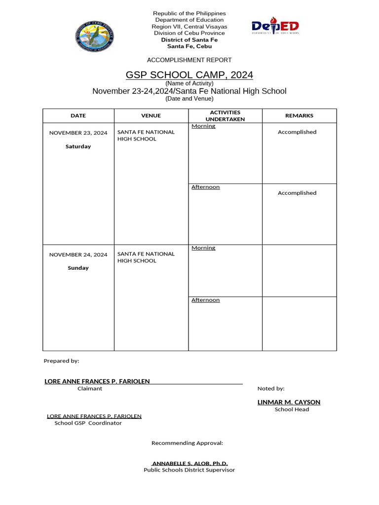 GSP SCHOOL CAMP Accomplishment Report | PDF