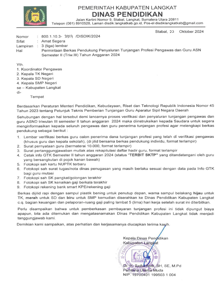 Surat Pemberkasan TPG TW 3 Tahun 2024 | PDF