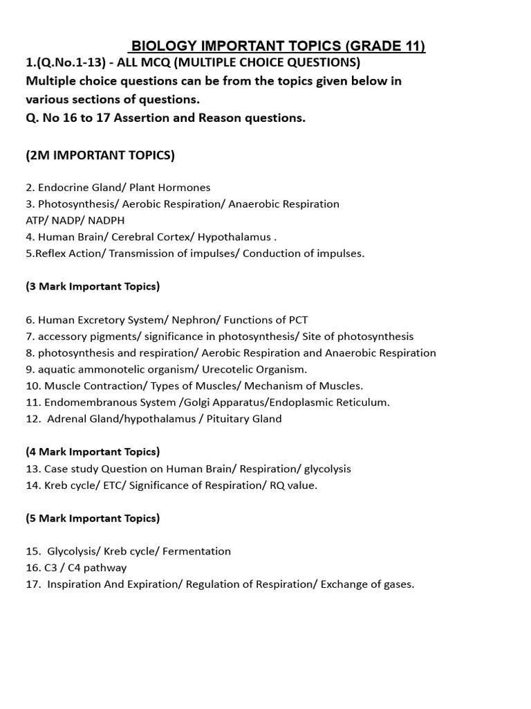GRADE 11 Biology Question Bank | PDF