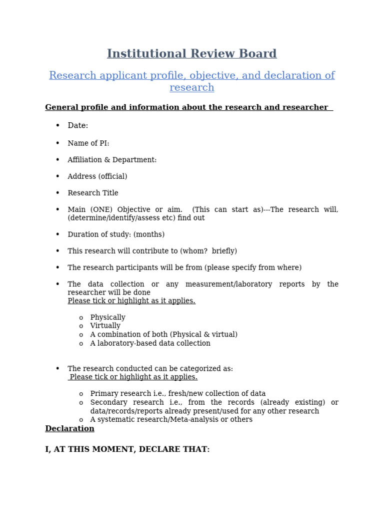 IRB-Declaration by Research Applicants July 24 | PDF | Institutional Review Board | Science