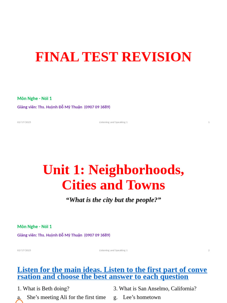 Listening and Speaking 1 Test Review | PDF