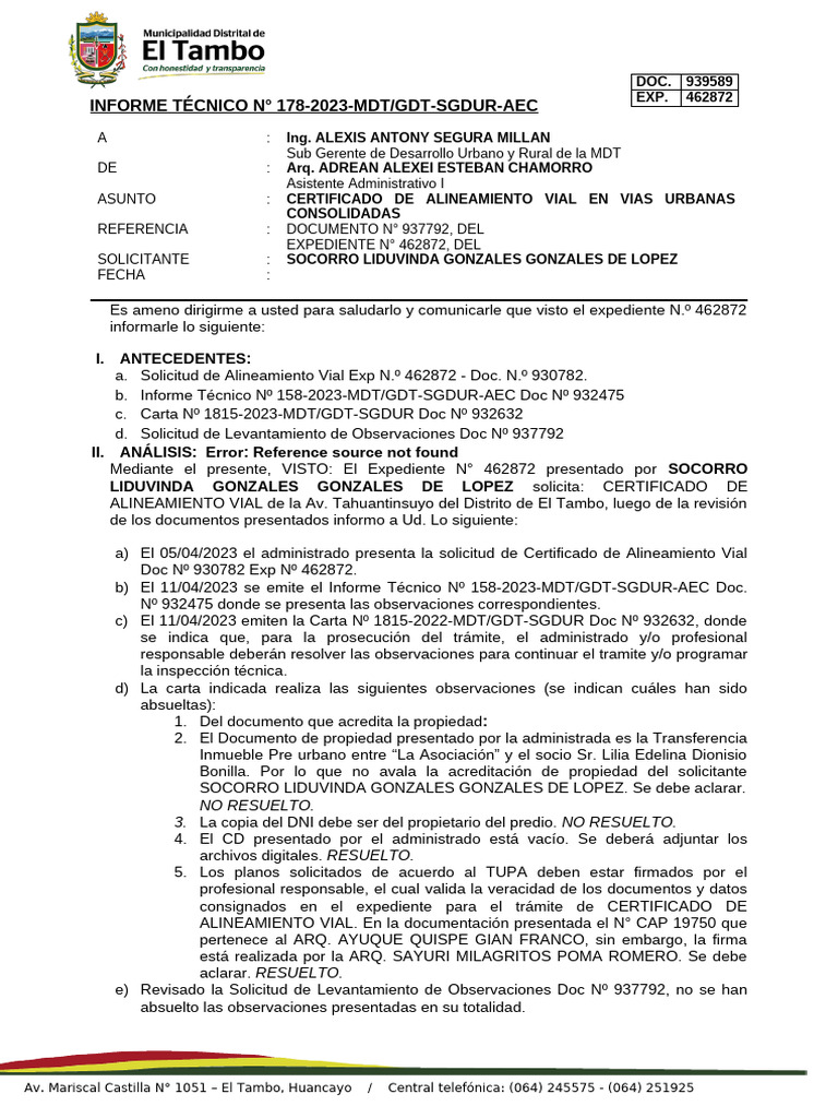 Informe #178 - Imp Certificado de Alineamiento Vial - Socorro Liduvinda | PDF