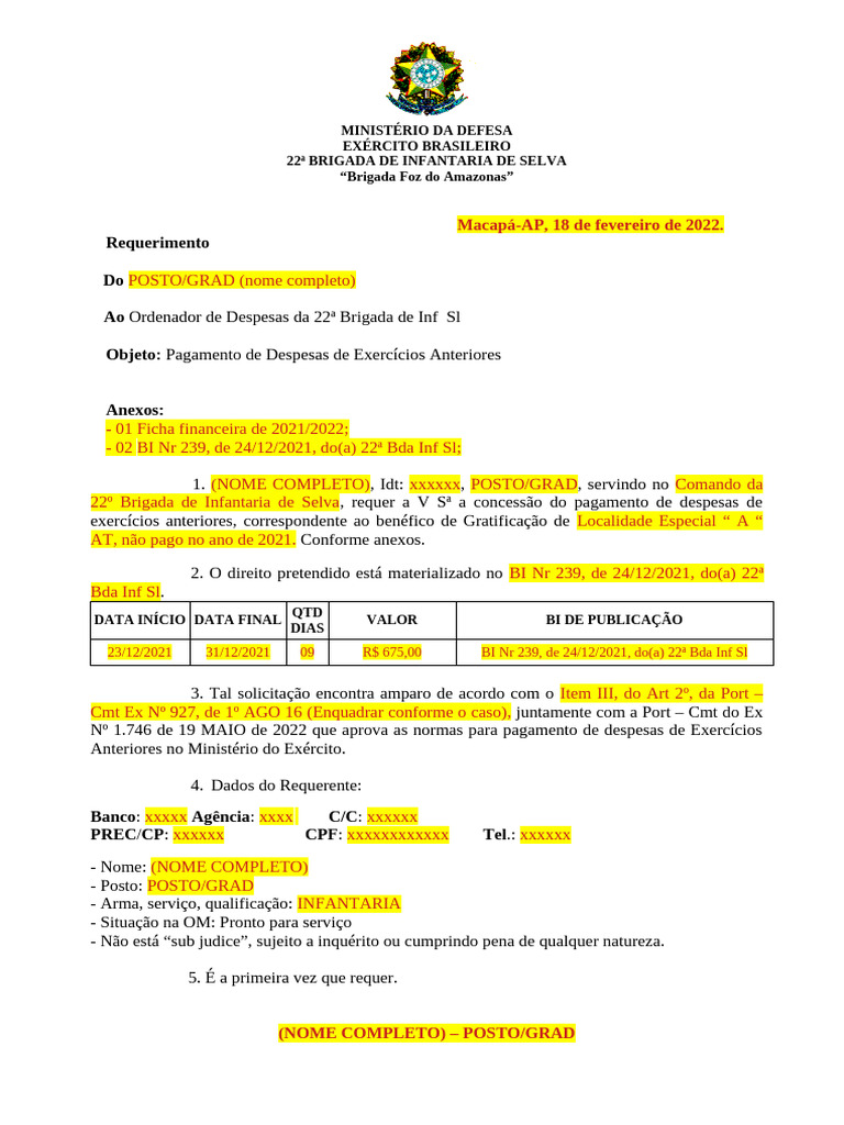 Modelo Req Exercicios Anteriores | PDF