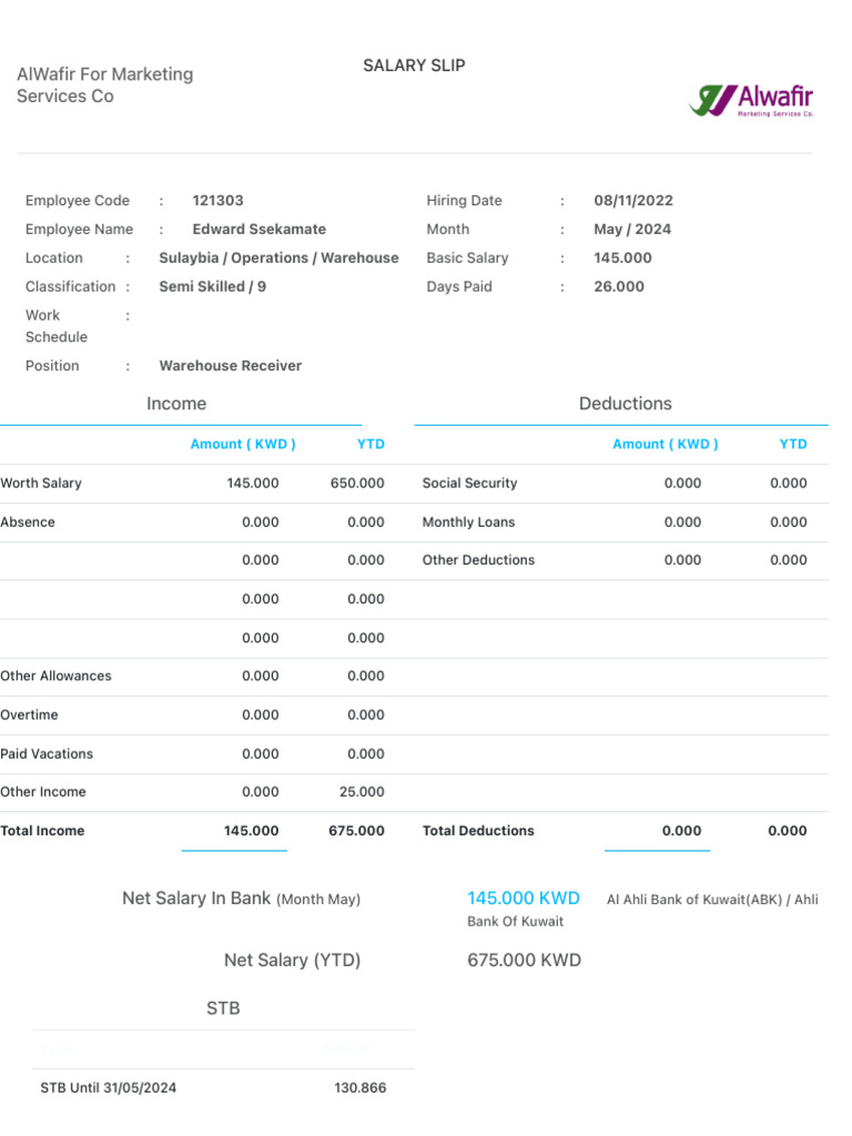 Kuwait Salary Slip for May 2024 | PDF