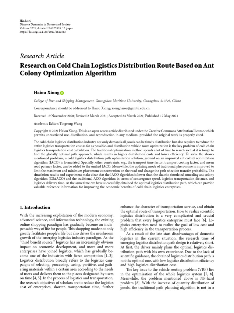 Research On Cold Chain Logistics Distribution Rout Pdf Mathematical