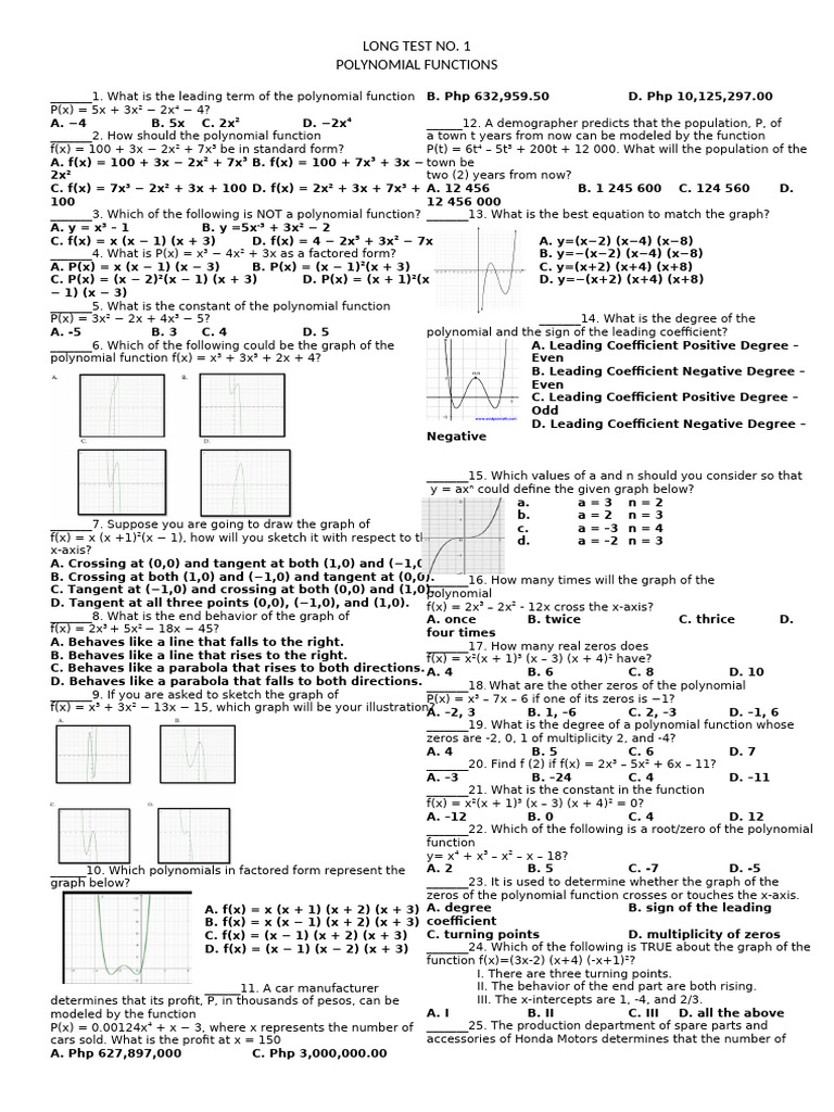 Long Test No. 1 (Polynomial Functions) | PDF | Zero Of A Function ...