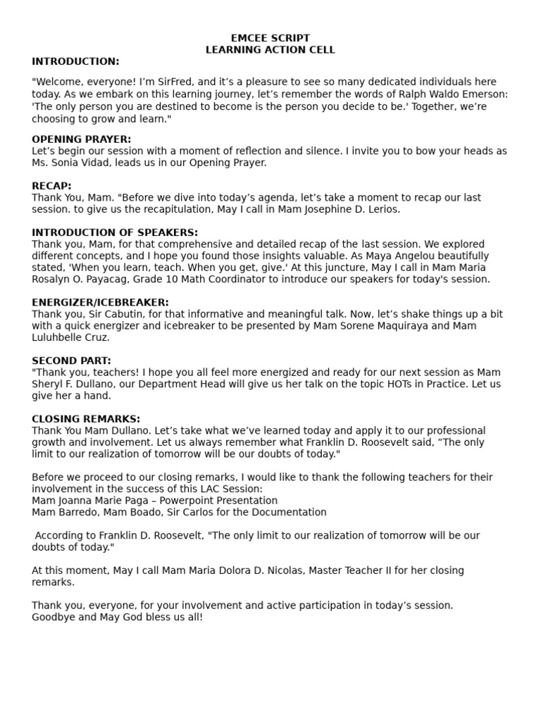 EMCEE SCRIPT (LAC Session) | PDF