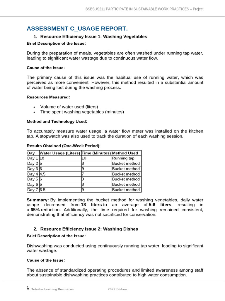 Bsbsus211 Assessment C Usage Report | PDF | Water | Water Conservation