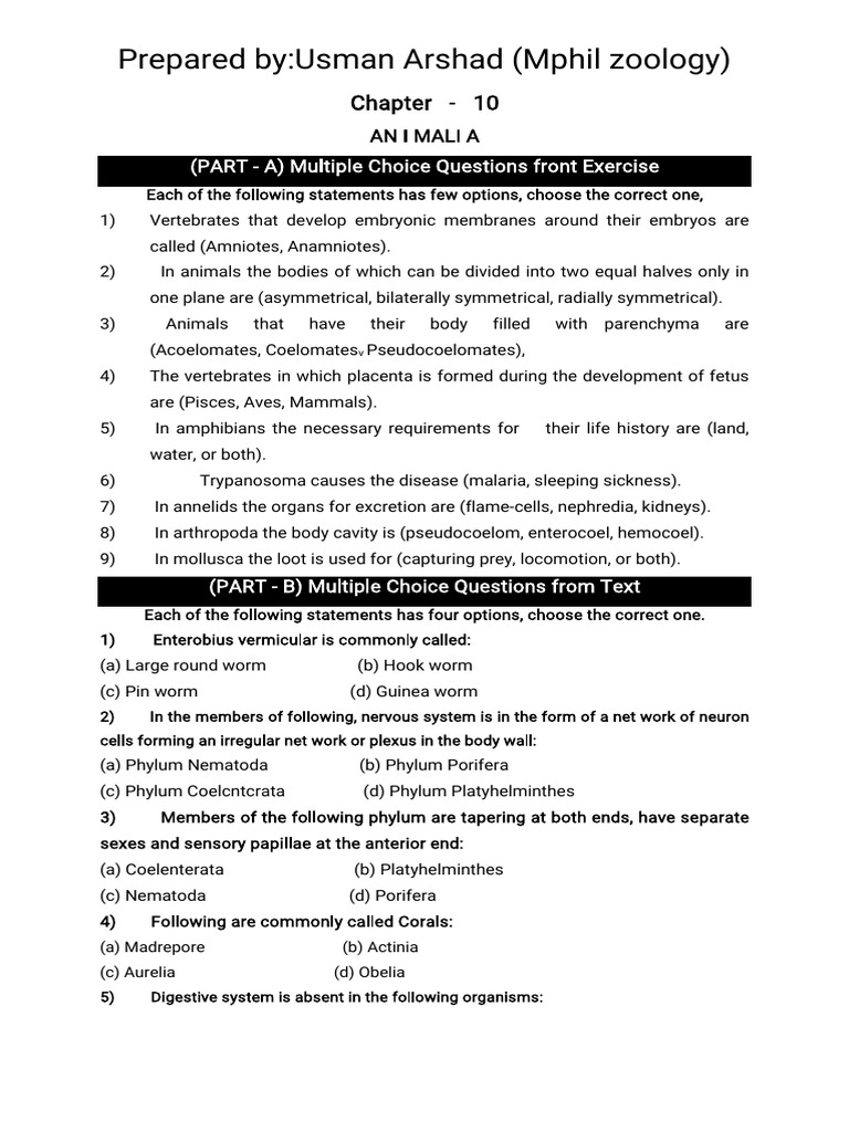Animalia MCQs and Short Questions | PDF | Sponge | Mollusca