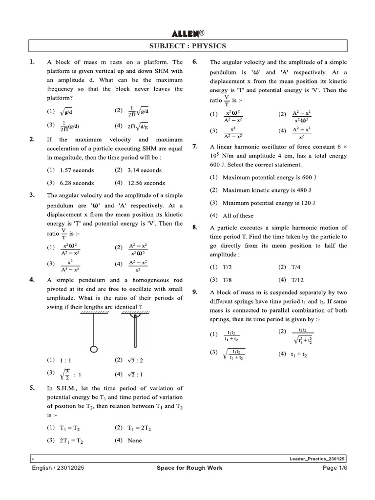 Physics Workeheet Leader QP | PDF