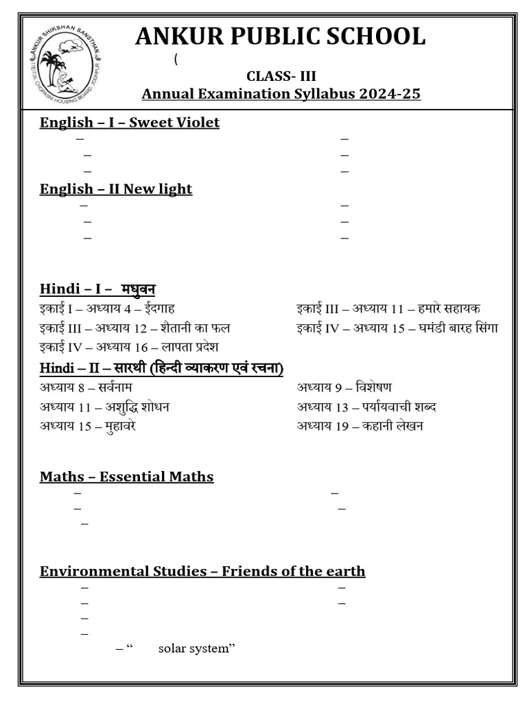 Class III Annual Exam Syllabus 2024-25 | PDF