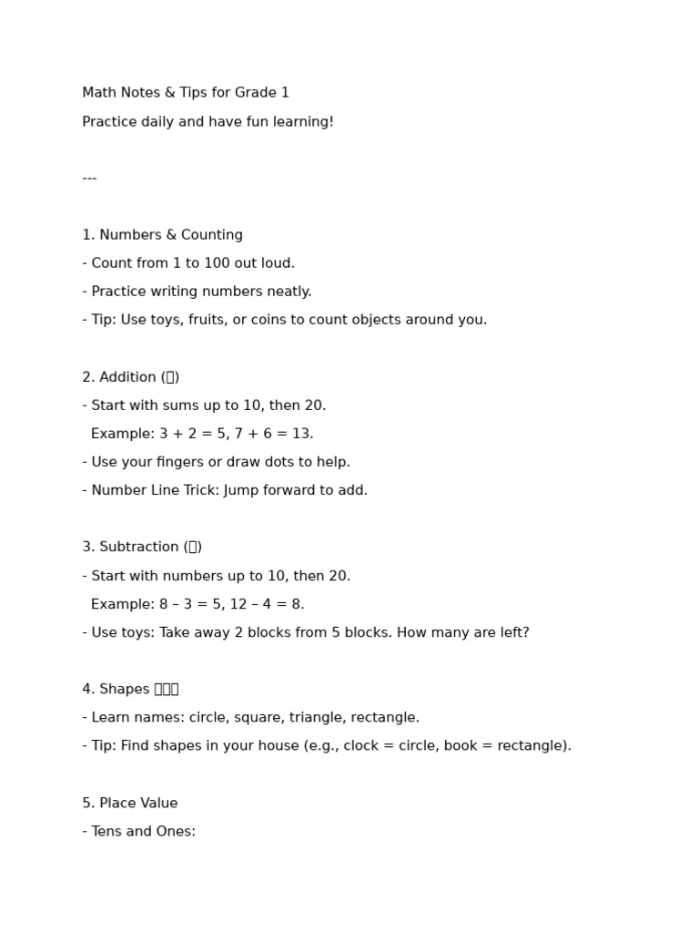 Grade1 Math TipsYU | PDF