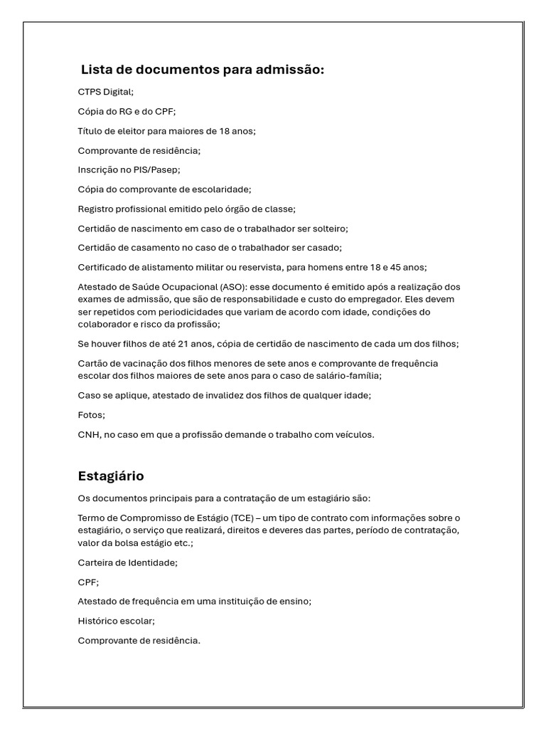 Lista de documentos para admissão | PDF