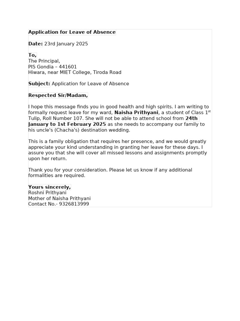 Leave Application for Wedding Absence | PDF