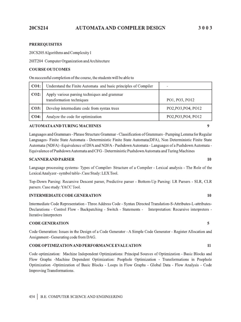 20cs214 Automata and Compiler Design Syllabus | PDF