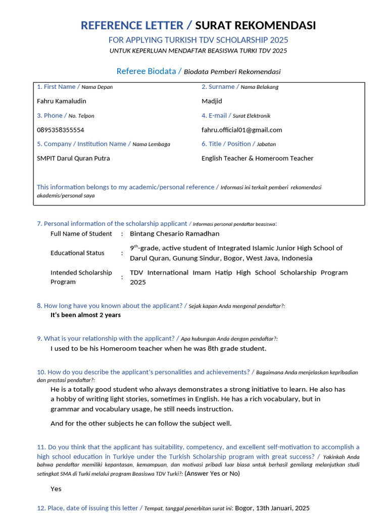 FORM REFERENCE LETTER | PDF