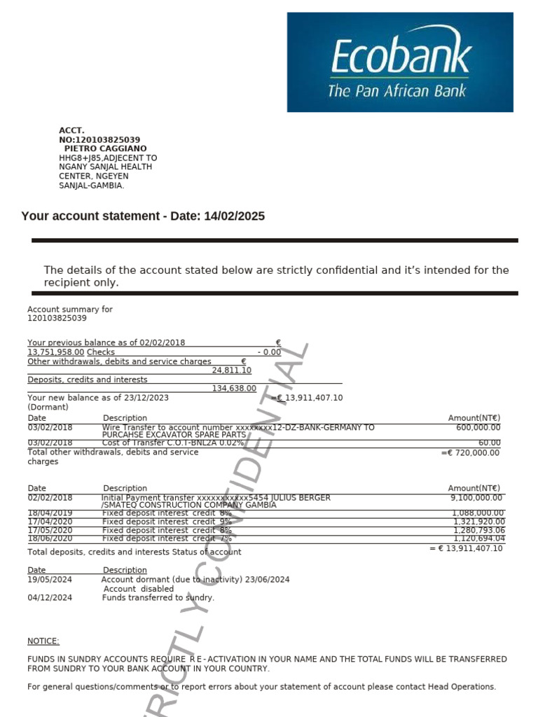 Ecobank Account Statement Summary | PDF | Payments | Business