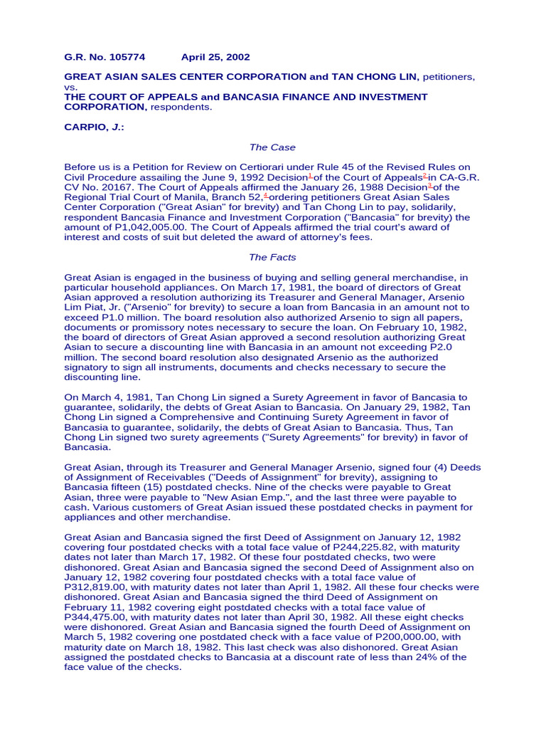 Great Asian Sales vs. CA | PDF | Assignment (Law) | Negotiable Instrument