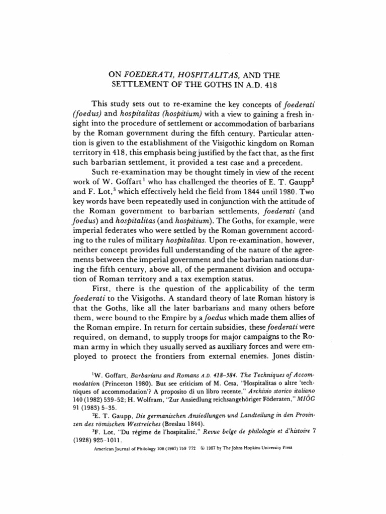 H Sivan, On Foederati, Hospitalitas, and The Settlement of The Goths in ...