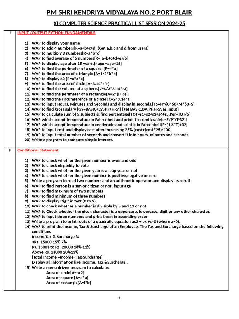 FINAL_CLASS_XI_CS_PRACTICAL_LIST_2024-25[ | PDF | Area | Mathematics