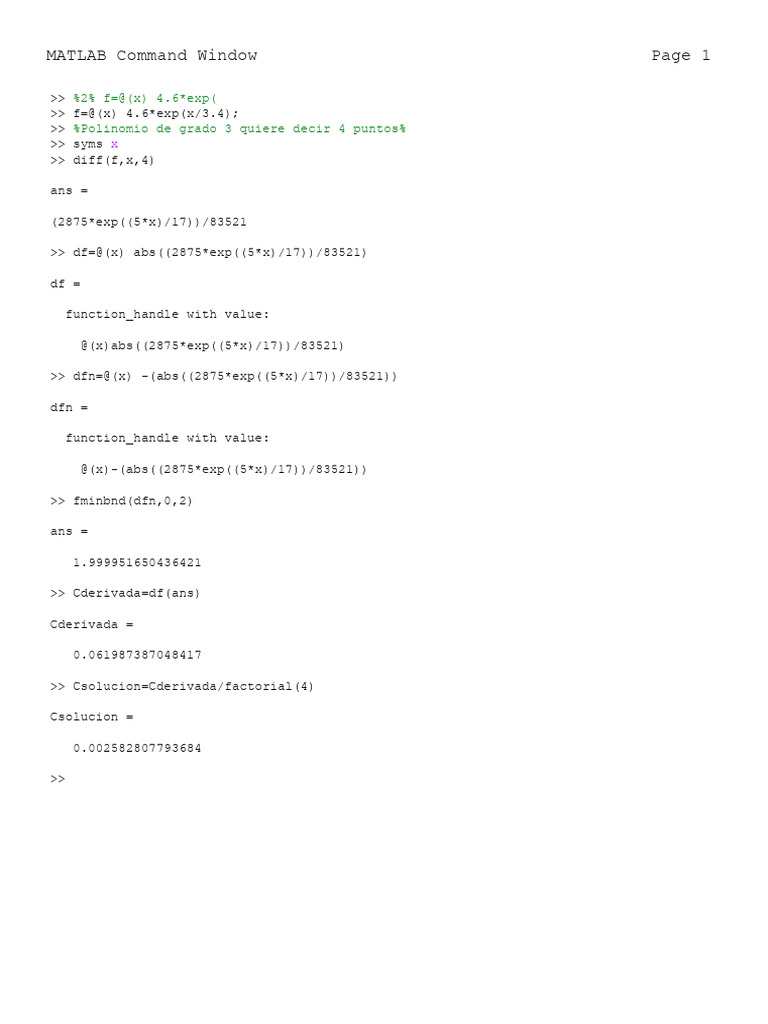 MATLAB Command Window: %2% F @ (X) 4.6 Exp (%polinomio de Grado 3 Quiere Decir 4 Puntos% | PDF
