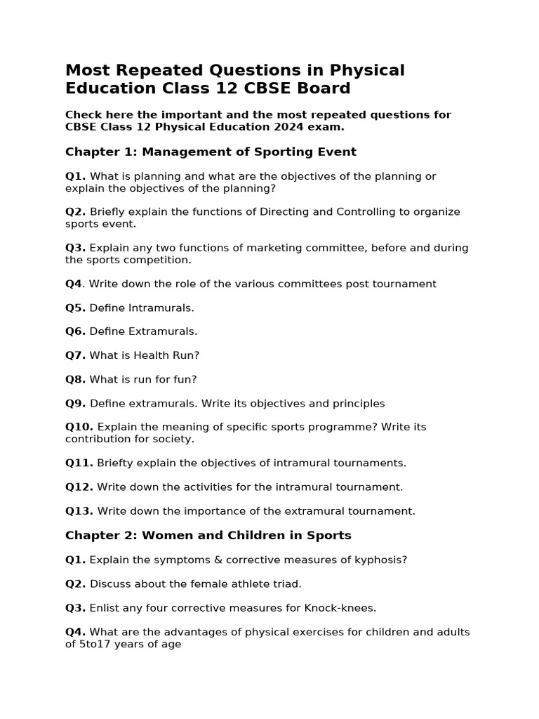 Key Questions for Class 12 PE Exam | PDF | Vitamin | Nutrition