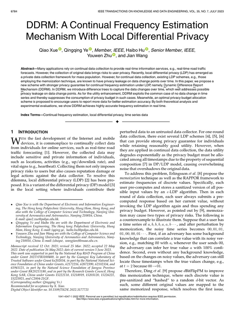 DDRM A Continual Frequency Estimation Mechanism With Local Differential Privacy | PDF ...
