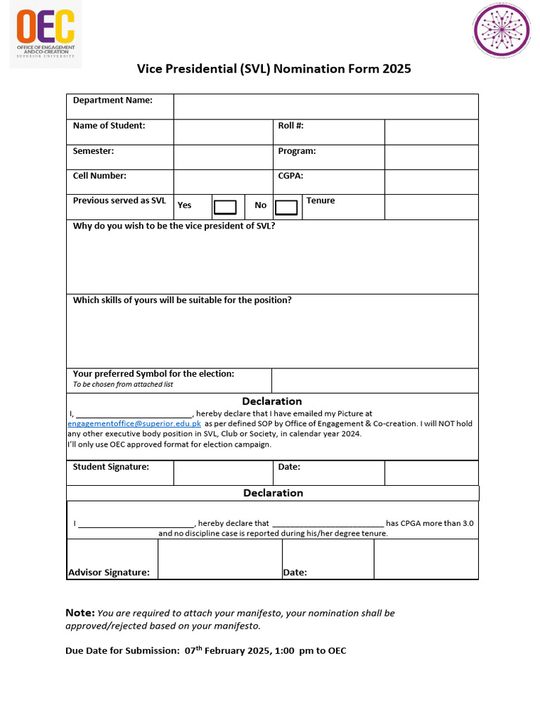 Vice Presidential (SVL) Nomination Form 2025 | PDF | Government | Elections