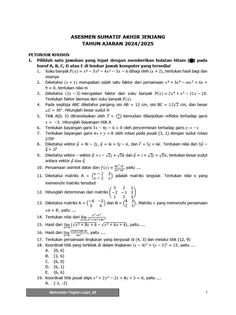 Latihan Soal Asaj MTK Lanjut 2425 | PDF